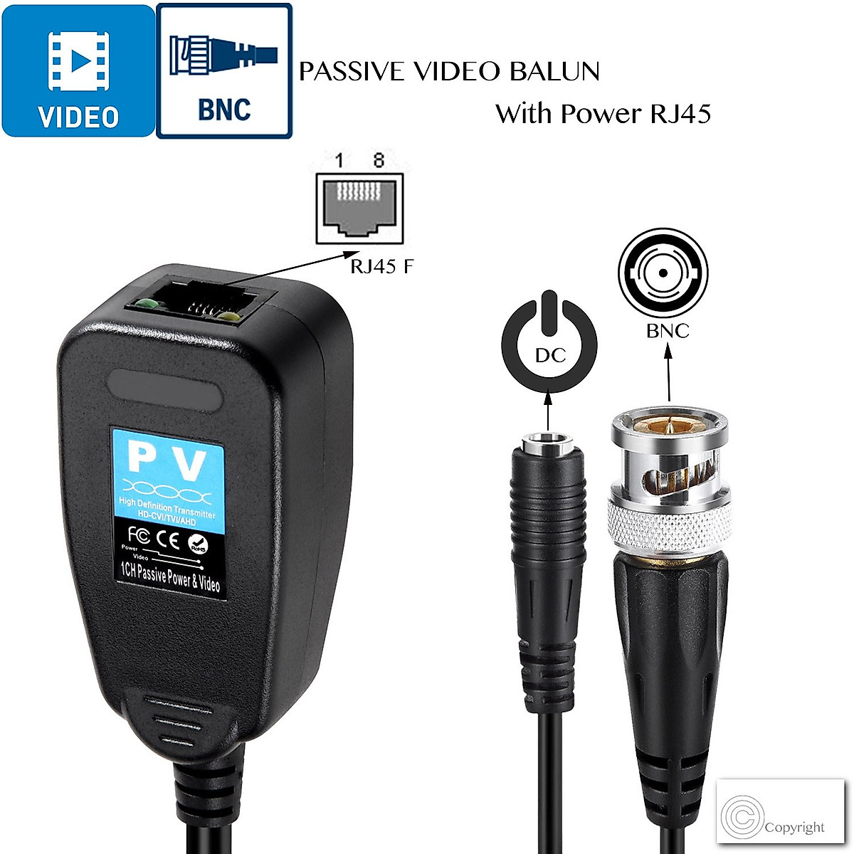 VIMVIP HD-CVI/TVI/AHD Passive Video Balun with Power Connector and RJ45 CAT5 Data Transmitter 1 Pair