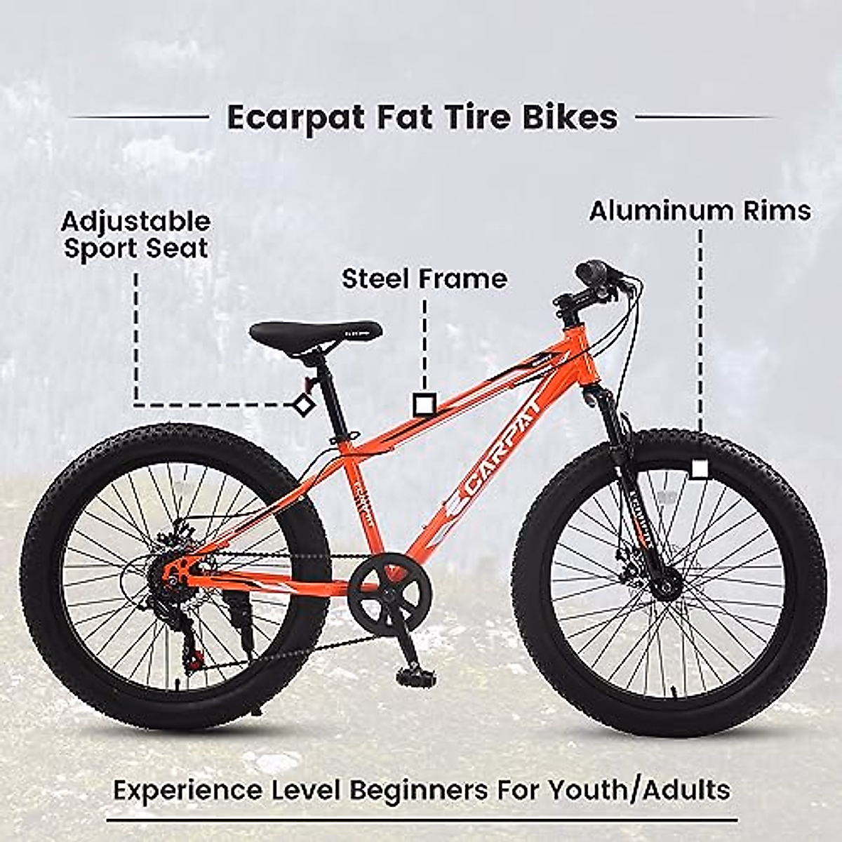 ZLECTIO Mountain Bike for Men and Women with 7 Speeds, 24 Inch Fat Tire Bikes with Front Suspension and High-Carbon Steel Frame, Orange Adult/Teenanger Road Bicycle for Outdoor Camping Riding
