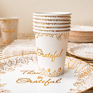 Crisky 24 Guests 96 Pcs Thanksgiving Disposable Napkins Plates Cups Set for Autumn Thanksgiving Dinner Party Decorations, Thankful and Grateful in Orange Foil