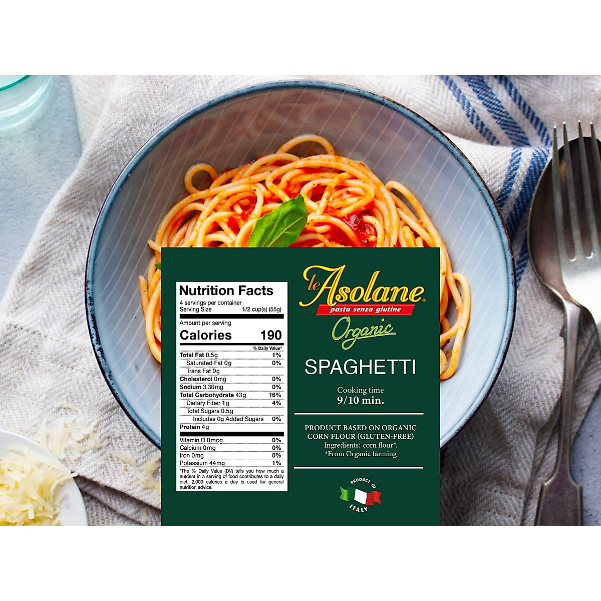 Le Asolane Certified Organic Gluten Free Pasta | Spaghetti | 4 Pack | Authentic Imported Italian Gourmet Pasta from Select Premium Grade Corn Flour | 8.8 oz packages