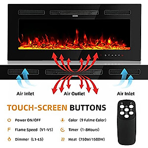 SANHSEHOME 60 Inch Electric Fireplace Inserts Wall Fireplace Electric with Remote Control Electric Fireplace Wall Mounted Recessed with Fake Log & Crystal 1-8h Timer 750W/1500W, 9 Flame Colors 5.7" W