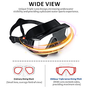 OMGear Swim Goggles Snorkel Mask Dive Mask Anti-Fog Triple-Lens Goggles Swimming Adult Snorkeling Gear for Adults Youth Pool Goggles with Nose Cover Neoprene Mask Strap for Scuba Diving (Black)