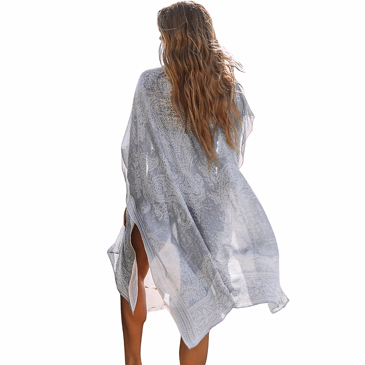 Breezy Lane Women's Kimono Beach Coverup Summer Cardigan Swimsuit Cover Up with Grey Floral Print