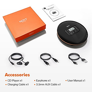 HOTT CD Player Portable with Bluetooth, Portable CD Player, CD-R,MP3 USB Rechargeable Walkman CD Player with Headphones and AUX Cable for Car Travel, Discman CD Player with Shockproof （CD711T）