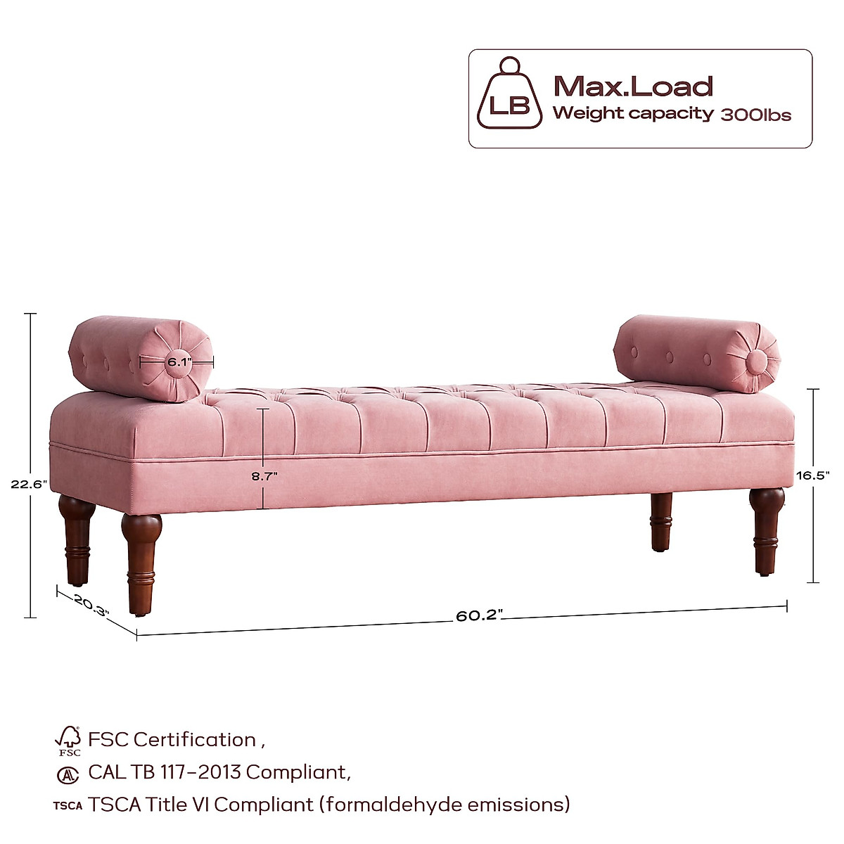 Batohom 60.2" End of Bed Bench,Large Size Bedroom Bench,Upholstered Window Bench with Button-Tufted,Entryway Bench,Storage Bench for Living Room(Pink)