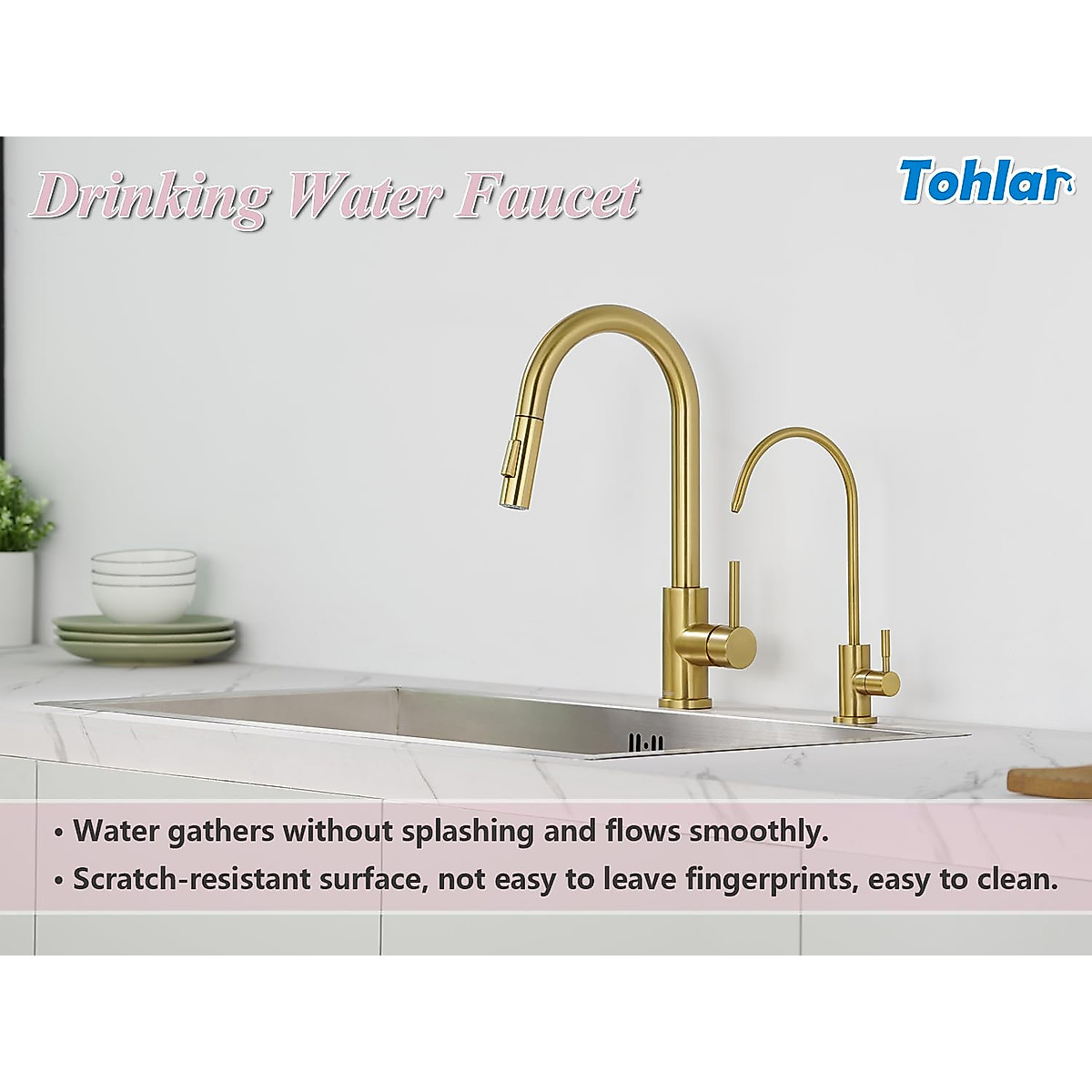 Tohlar Drinking Water Faucet for Kitchen Sink, Gold Filtered Water Faucet Lead-Free Reverse Osmosis Faucet Water Filtration System 304 Stainless Steel, Brushed Gold Finish