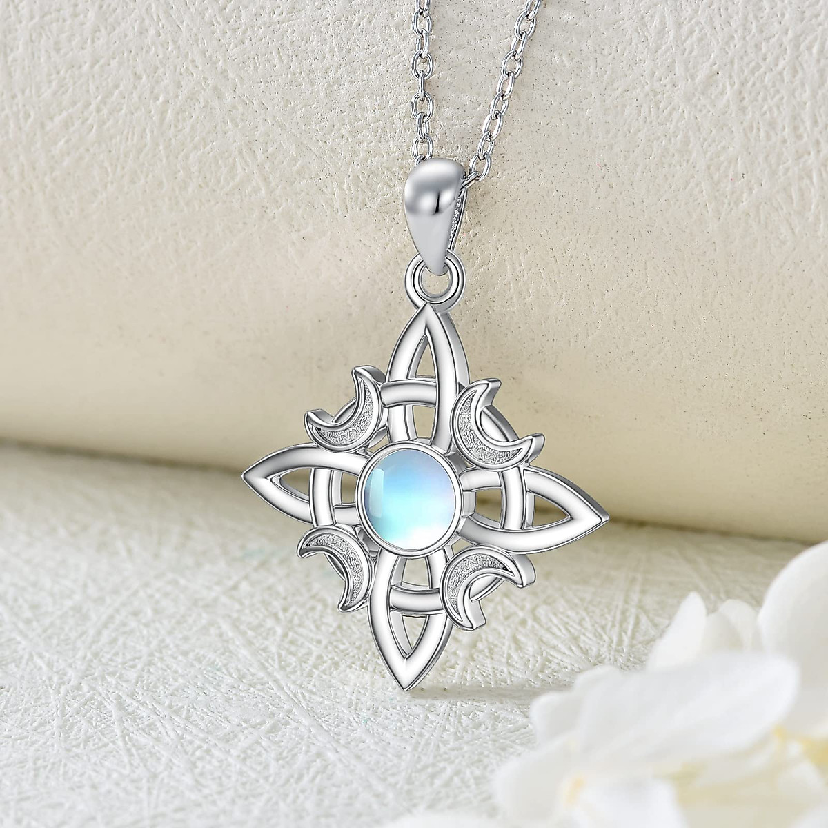 LONAGO Witches Knot Synthetic Moonstone Necklace 925 Sterling Silver Wicca Moon Irish Celtic Pendant Jewelry for Women