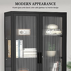 Prohonbec Double Fluted Glass Door Storage Cabinet with Adjustable Shelves, Tall Freestanding Display Sideboard Bookshelf Cupboard for Living Room, Kitchen, Office