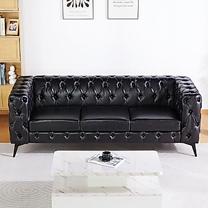 Chesterfield Sofa, Modern Faux Leather Button Tufted Accent Couch with Square Arms and Metal Legs for Living Room, Bedroom, Office, Apartment (Black)