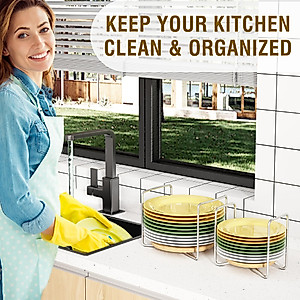 Piconico Plate Holder for Kitchen Drawers - Bamboo Dish Racks for Kitchen Counter 2Pcs Small & Large - Adjust 6.75" to 12.5" Stainless Steel Plate and Bowl Organizer for Cabinet, RV, Countertop