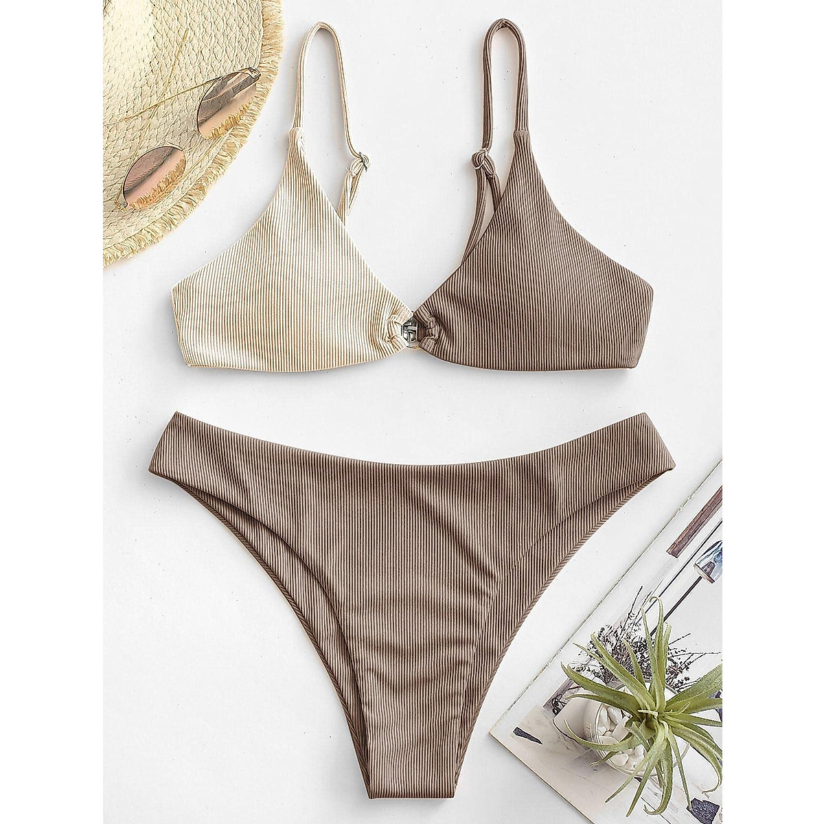 ZAFUL Women's Ribbed O-Ring String Bikini Swimsuit Cheeky Thong Swimwear Two Pieces Bathing Suit