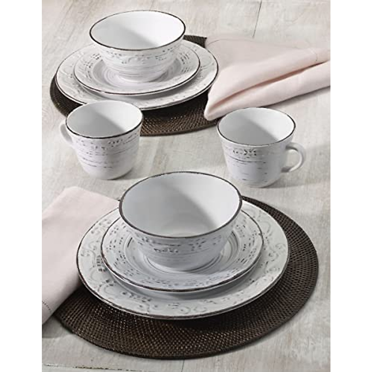 Pfaltzgraff Trellis White 16-Piece Dinnerware Set, Service for 4, Distressed White