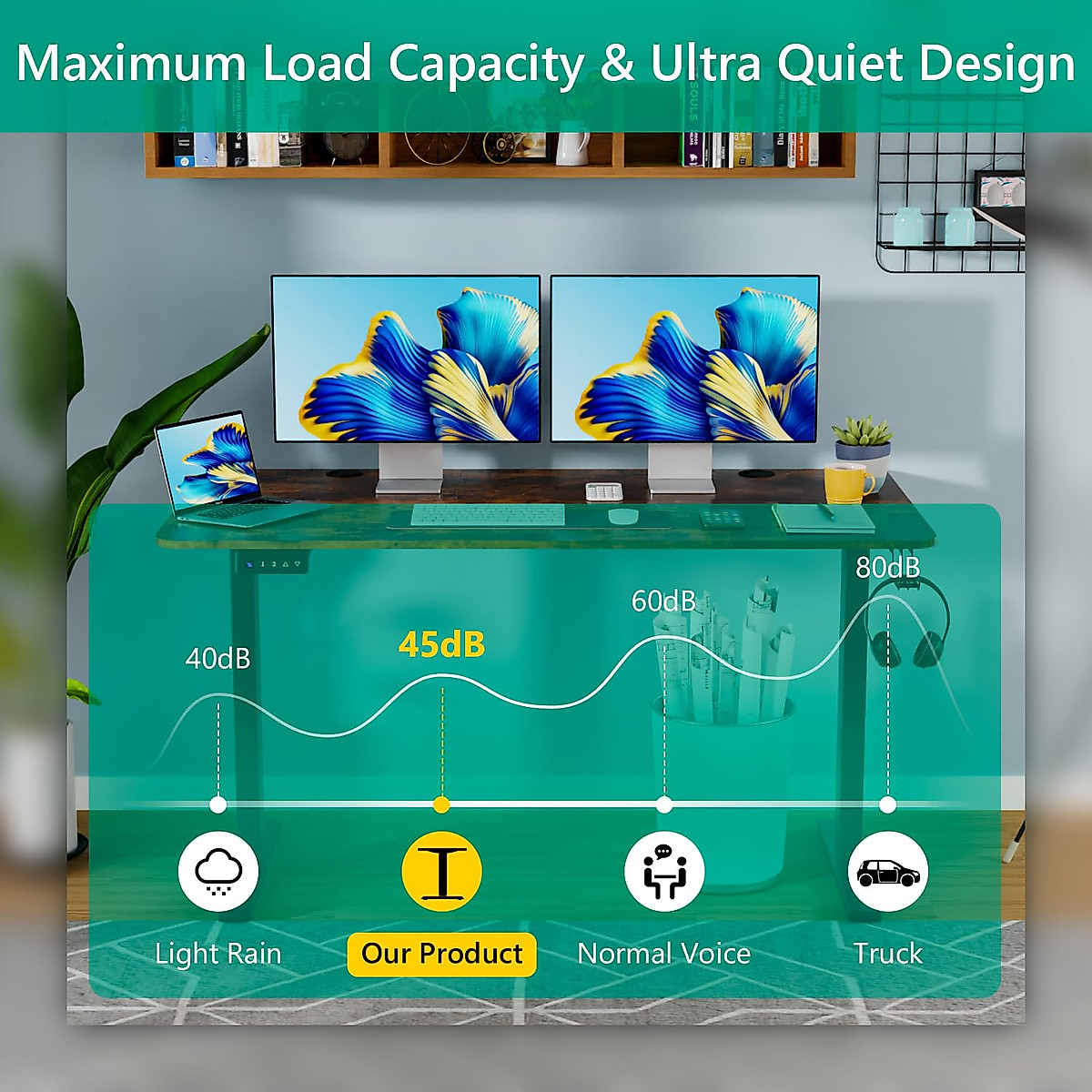 PayLessHere 48 Adjustable Height Standing Desk Computer Desk with Large Space and Headphone Holder Office Desk with Electric Lifting and 2 Memory Function for Office Meeting Room,Brown