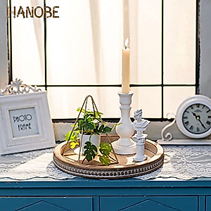 Hanobe Wood Decorative Tray Round: Brown Bead Tray for Coffee Table Rustic Wooden Trays Decor Farmhouse Kitchen Counter Circle Tray Vintage Centerpiece for Living Room Candle Holder Home Organizer