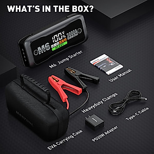 M6 3000A Peak Car Battery Jump Starter Battery Pack, Portable Jumper Box, Battery Booster Start, 12V Car Battery Charger and Jumper Cables for 10.0L Gas and 8.0L Diesel Engines