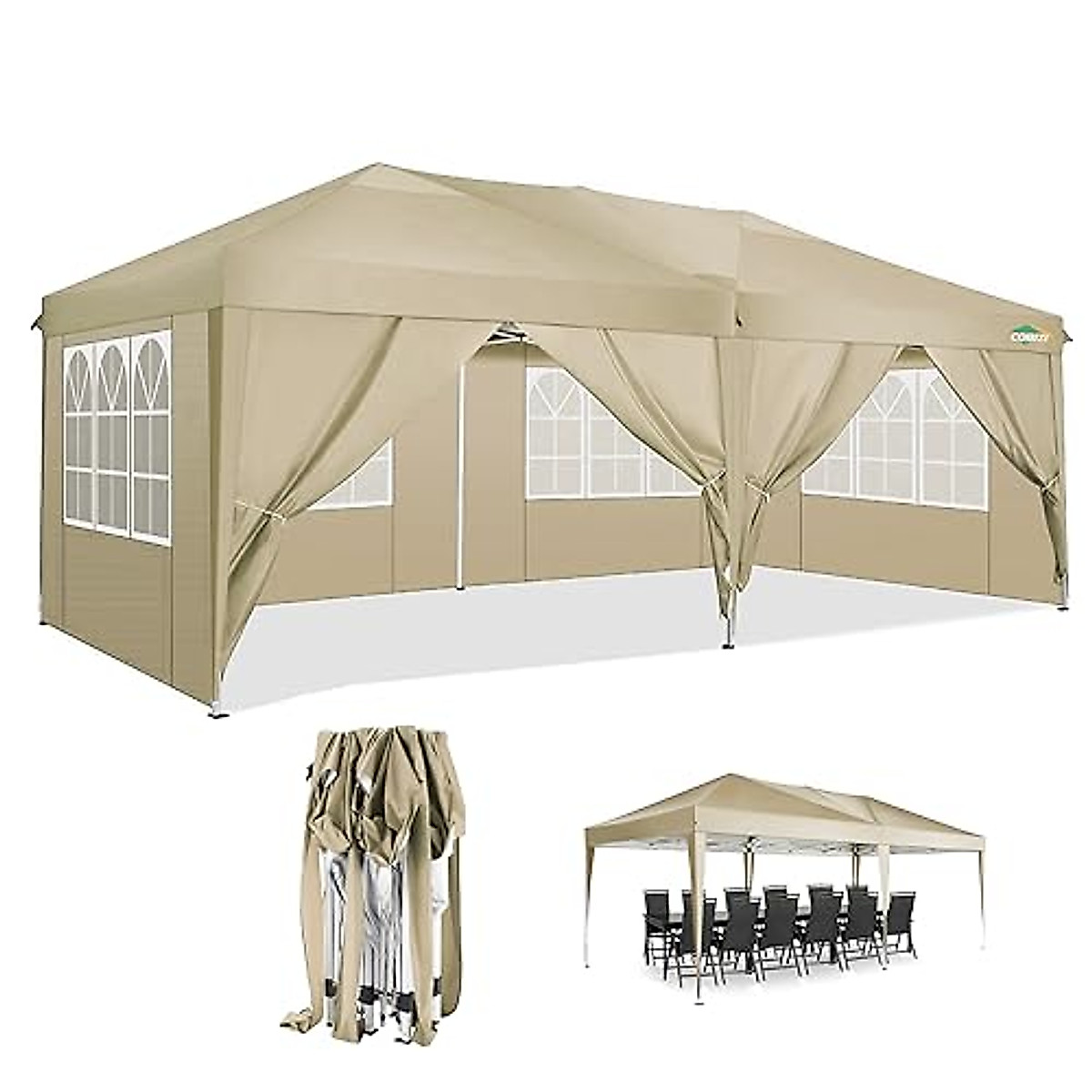 COBIZI Pop-up Canopy Tent 10x20 Waterproof Commercial Instant Shelter Outdoor Gazebo Party Tent Protable Canopy Tent for Parties with Carry Bag (Khaki, 10'x20' with 6 Sides)