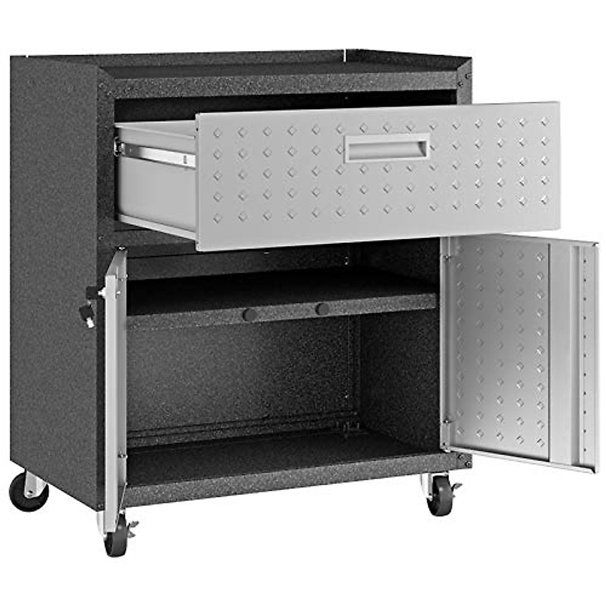 Pemberly Row Space Saving Metal 3 Piece Garage Storage Set with Two Mobile Cabinets with Drawer and 72" W Worktable