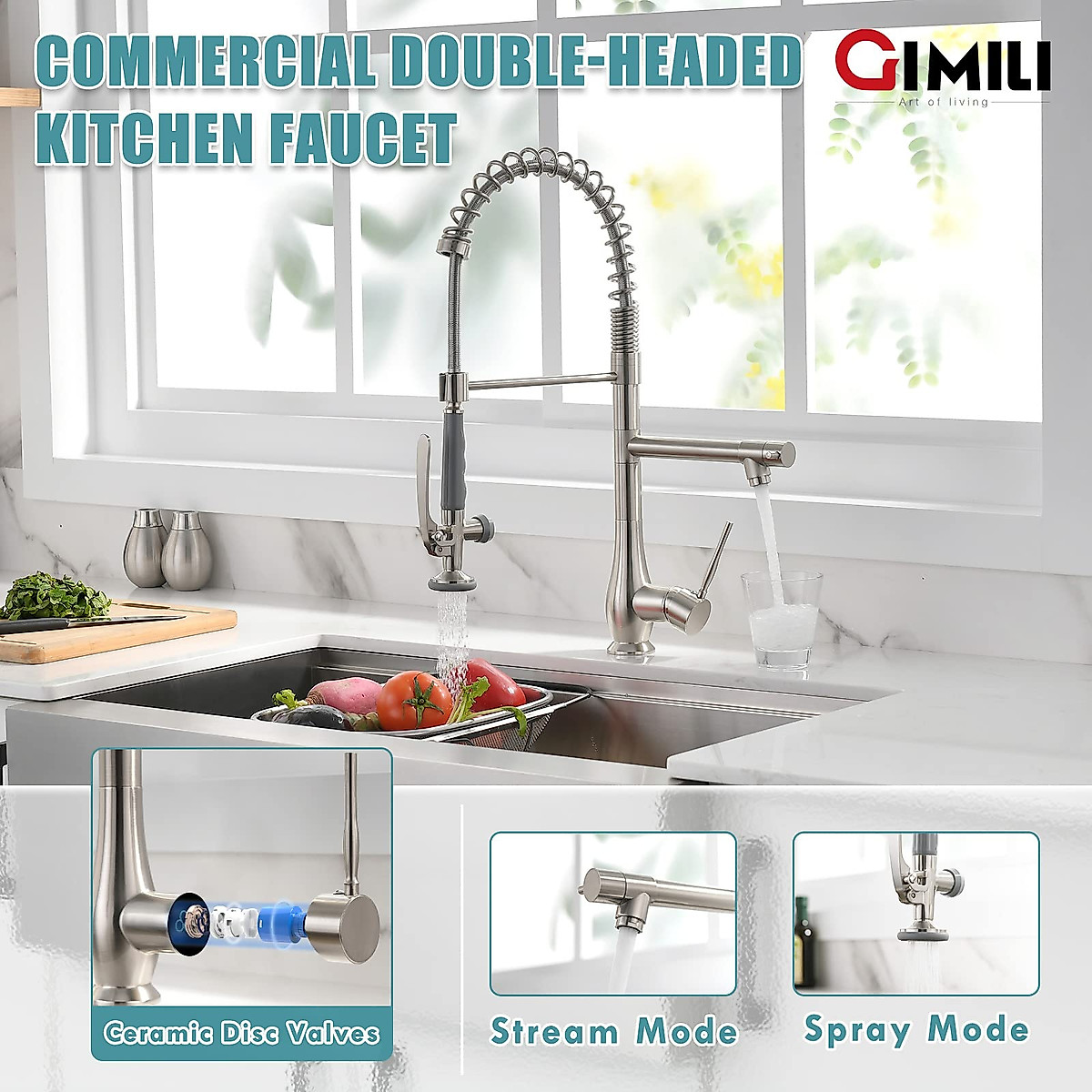 GIMILI Kitchen Faucet with Pull Down Sprayer, Single Handle High Pressure Kitchen Sink Faucet, Commercial Double-Headed Stainless Steel Kitchen Faucets Sink with Deck Plate, Brushed Nickel