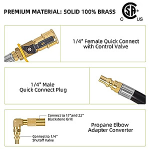 NQN 12FT Male/Female Quick-Connect Low Pressure RV Propane Extension Hose, Compatible with Elbow Adapter for 17"/22" Blackstone Griddles - 1/4" Safety Shutoff Valve and 1/4" Male Full Flow Plug for RV