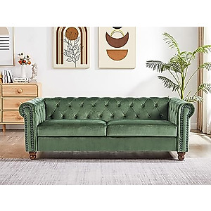 Asucoora Upholstered Chesterfield Tufted Velvet Sofa Couch for Living Room, Rolled Arm 3-Seater Sofa Couch with Nailhead Trim and 2 Neck Roll Pillows