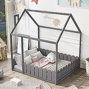 Merax Kids Bed House Shaped, Low Beds for Toddlers, Wood Platform Bed Frame for Children, Box Spring Needed,Easy Assemble (Full,Gray