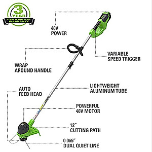 Greenworks 40V 14" Cordless Electric Lawn Mower, Leaf Blower (120 MPH / 500 CFM), String Trimmer, 4.0Ah Battery and Charger