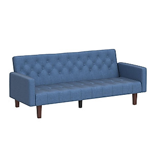 mikibama Tufted Linen Futon Sofa Couch Bed for Living Room Convertible Fabric Blue Upholstered Sleeper Futon Guest Bed Twin Size with Solid Wood Legs for Small Spaces