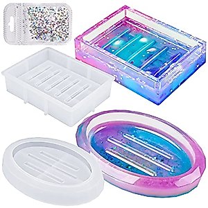 NiArt 2-Pack Faceted Oval & Rectangle Soap Dish Epoxy Resin Silicone Mold+Star Sequins Kit, Ring Dish Jewelry Tray Ashtray Candle Holder Storage Box DIY Casting Art Craft Agate Home Decoration Gift