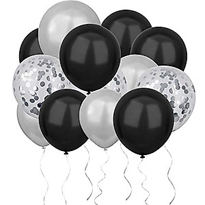 Black and Silver Confetti Balloons, 50pcs 12-inch Black Balloons、Silver Balloons and Silver Confetti Birthday Balloons for Birthday Party Graduation Ceremony and Bachelor Party Decoration.