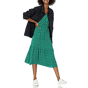 Amazon Essentials Women's Fluid Twill Tiered Fit and Flare Dress, Green Vine Print, X-Large
