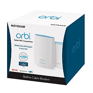 NETGEAR Orbi Built-in-Modem Whole Home Mesh WiFi System with all-in-one cable modem and WiFi router and single satellite extender with speeds up to 2.2 Gbps over 4,000 sq. feet, AC2200 (CBK40)