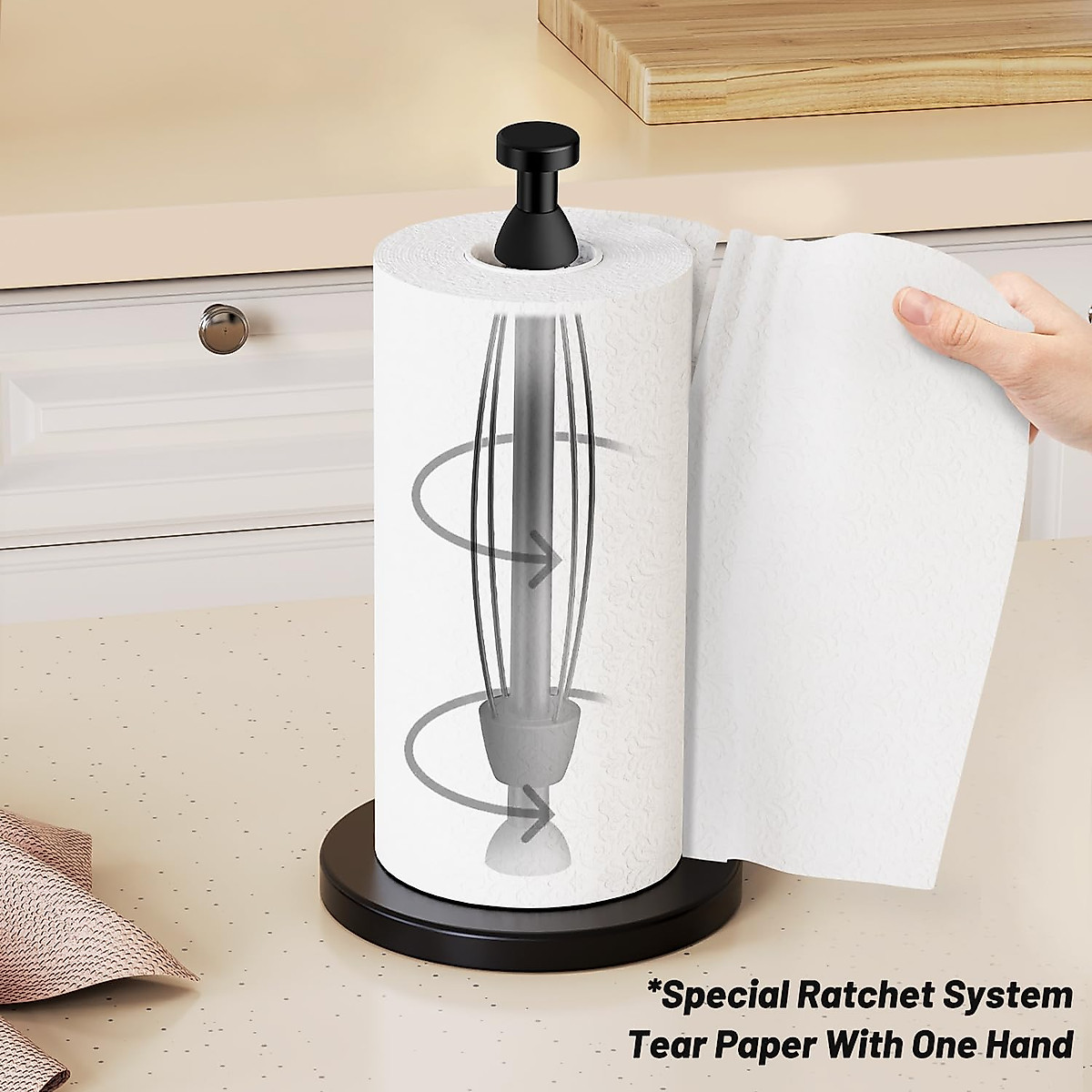 VEHHE Paper Towel Holder Countertop, Simply Tear Black Paper Towel Holder with Damping Effect & Non-Slip Suction Cups, Stainless Steel Paper Towel Stand for Bathroom Kitchen