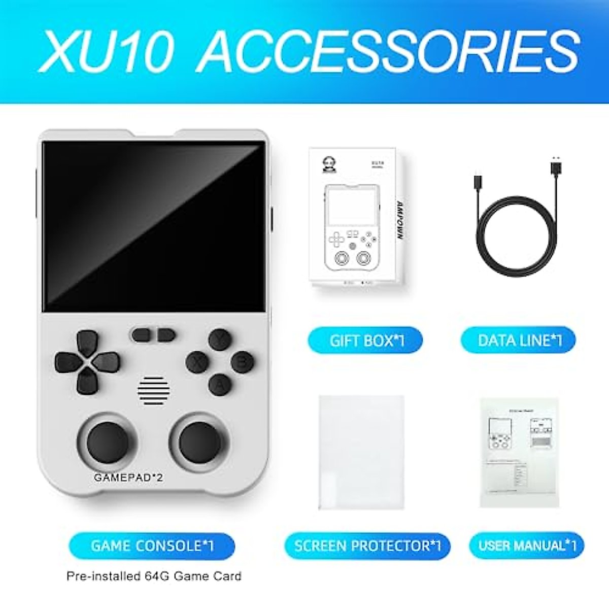 XU10 Retro Handheld Game Consoles, 3.5 inch IPS Screen, XU10 with a 64G Card Pre-Loaded 8000 Games, Support 20+ Kinds of Games Formats, with 3000 mAh battery life 6-8 hours White