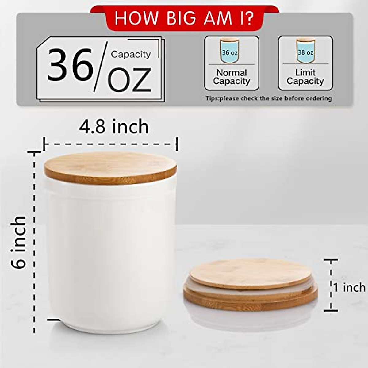 AVLA 3 Pack Ceramic Food Storage Jars with Bamboo Lids, 36 FL OZ White Kitchen Canisters Airtight Container for Serving Ground Coffee, Cookie, Tea, Sugar, Salt, Spices, Flour