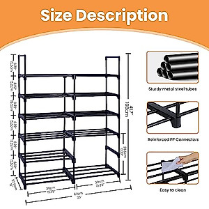 6 Tier Shoe Rack Storage Organizer, 20-22 Pairs Metal Shoe Rack for Entryway, Shoe Stand Free Standing Shoe Rack for Closet, Space Saving Shoe Organizer Shoe Storage for Living Room Bedroom Hallway