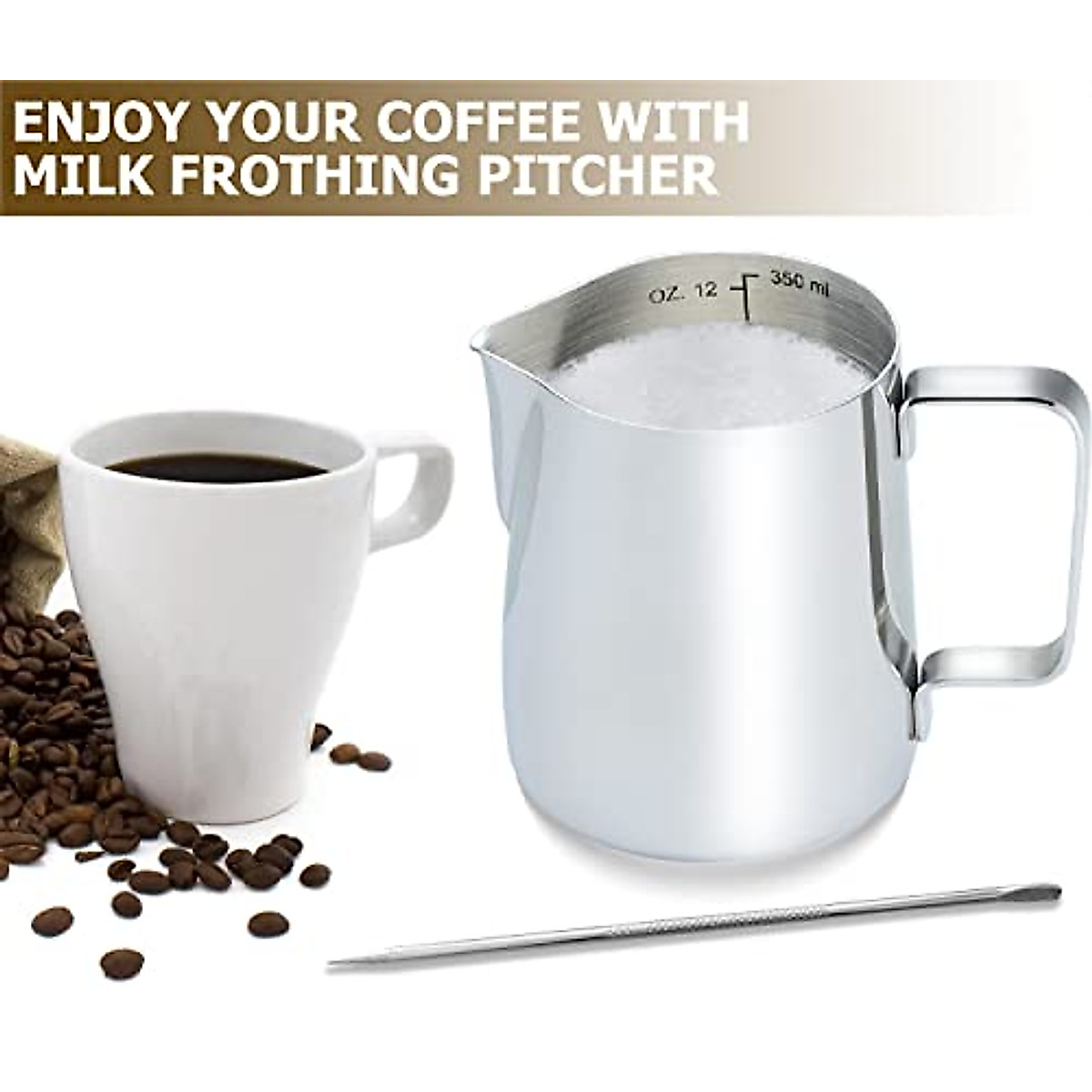 CAMKYDE Stainless Steel Milk Frothing Pitcher 12 oz, Espresso Steaming Pitcher with Decorating Pen for Espresso Machines, Cappuccino, Latte Art