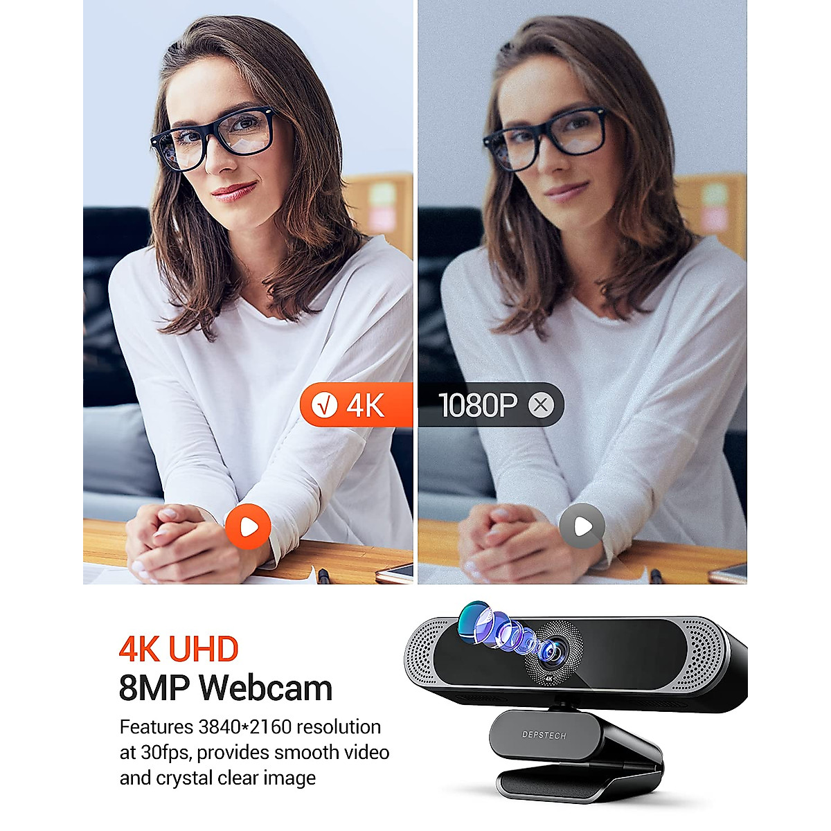 DEPSTECH Webcam with Microphone, 4K Webcam Sony Sensor Autofocus Web Camera with Privacy Cover and Tripod, 8MP USB Webcam for Desktop Laptop PC, Streaming Webcam for Zoom, Skype, Facetime, YouTube