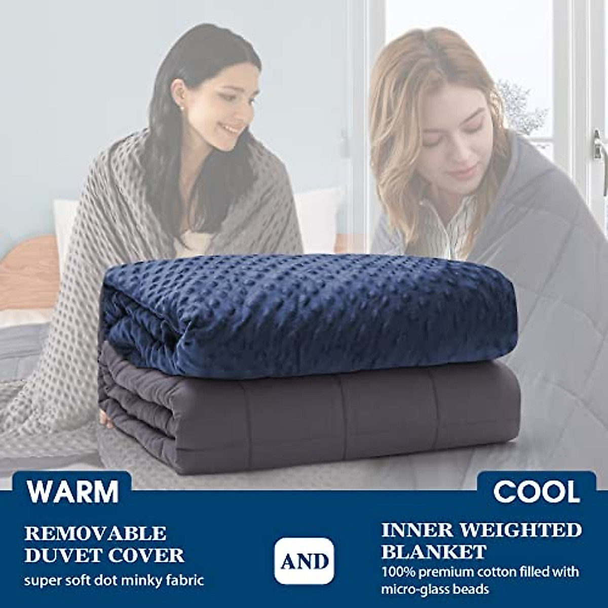yescool Weighted Blanket with Removable Cover, Weighted Blanket Queen Size 20lbs 60"x80"for Adults, Heavy Blanket with Minky Duvet Cover,Warm Cozy Thick Throw Blanket with Premium Glass Beads (Blue)