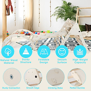 NAVINE 3 in 1 Foldable Triangle Ladder, Pikler Triangle Climber with Ramp, Sturdy Wooden Toddler Climbing Toys for Toddlers 1-3. with Climbing Triangle/Arch/ramp.Burlywood