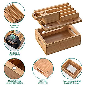 Pezin & Hulin Bamboo Charging Station for Multiple Devices (Included 5 Port USB Charger, 6 Pack Charge & Sync Cables, SmartWatch & Earbuds Stand), Electronic Device Desktop Dock Stations Organizer