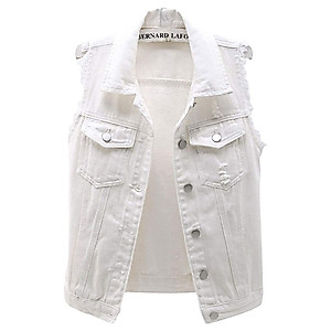 ebossy Women's Candy Color Slim Fit Sleeveless Distressed Denim Jean Vest Jacket (Large, White)
