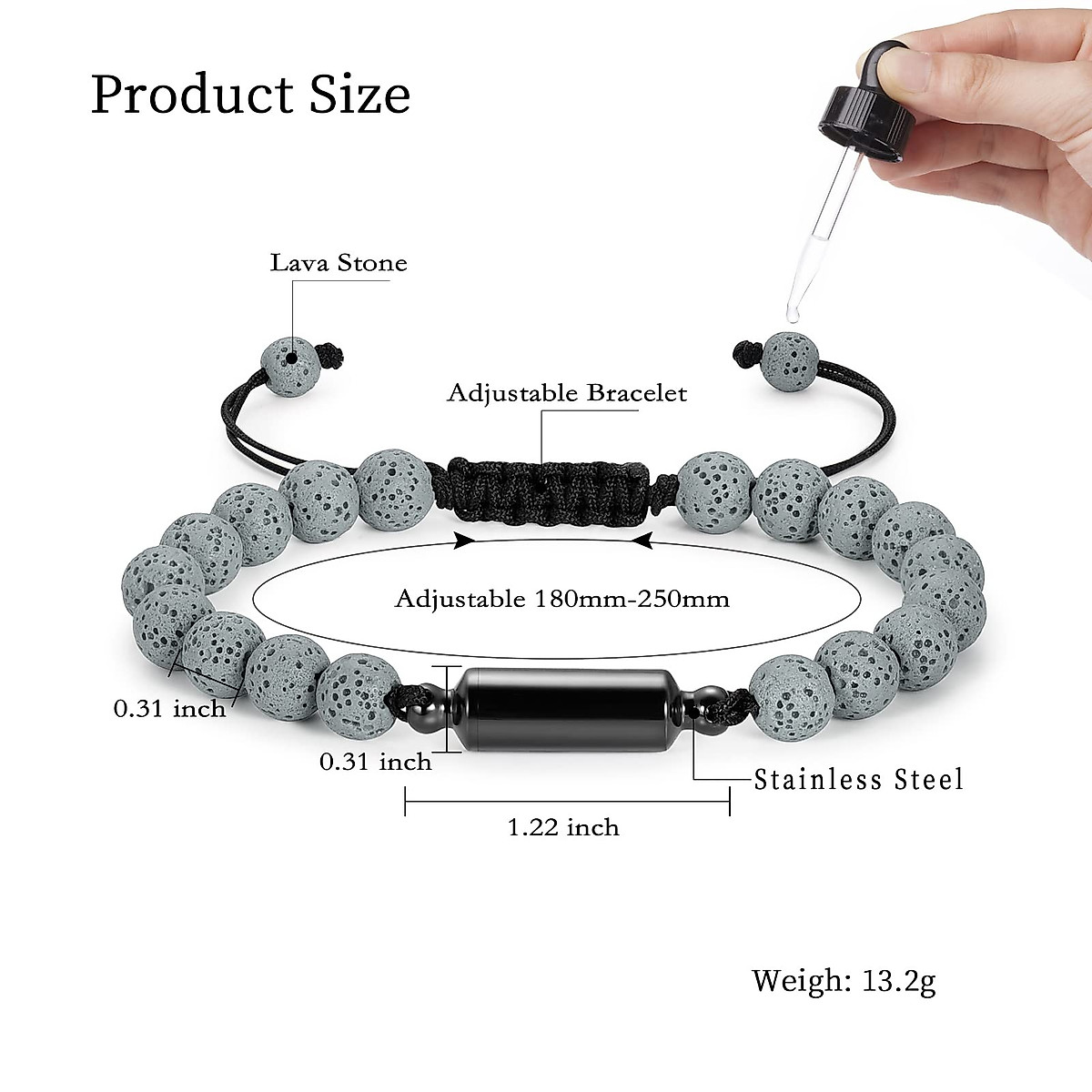 shajwo Cylinder Urn Bracelet for Ashes for Women Men Cremation Jewelry Memorial Keepsake Adjustable Lava Bracelet,Gray