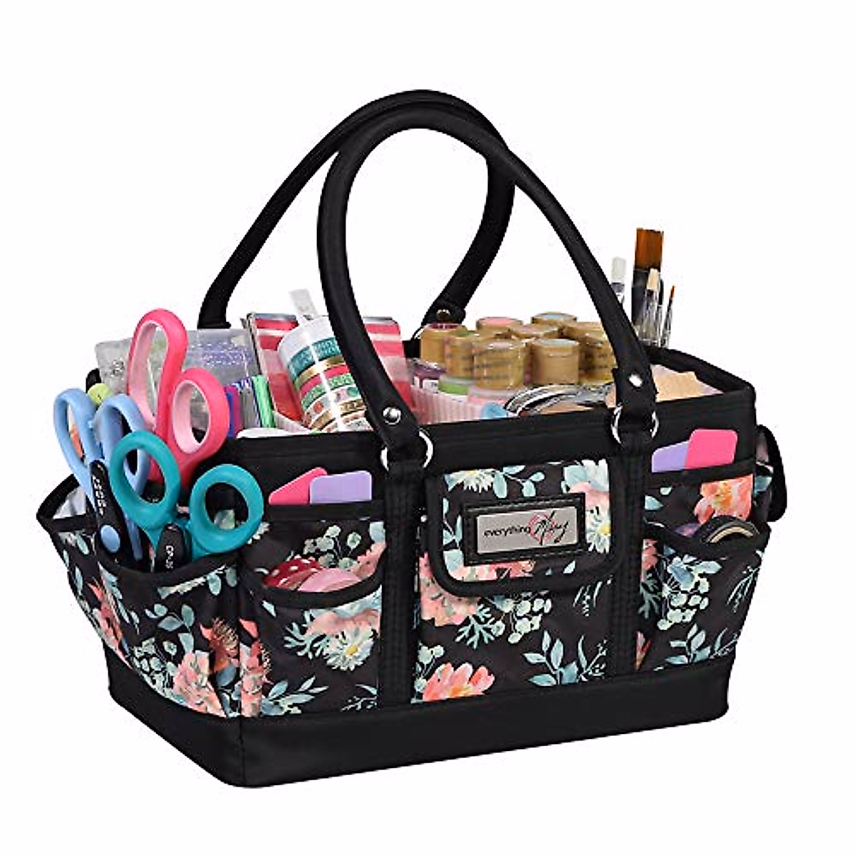 Everything Mary Black Floral Deluxe Store and Tote - Storage Art Caddy for Sewing & Scrapbooking - Craft Bag Organizer w/Handle for Supplies & Tools Organization for School, Medical, Office