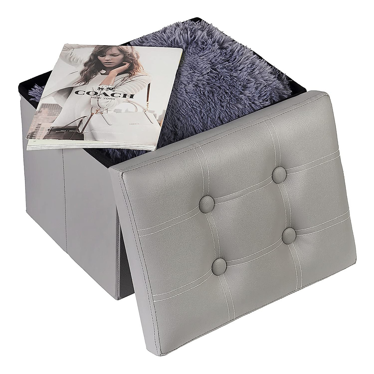 Folding Cube Storage Ottoman with Padded Seat , Foot Rest & Stepping Stool - PU Leather Grey Ottoman with Storage for Living Room & Bedroom