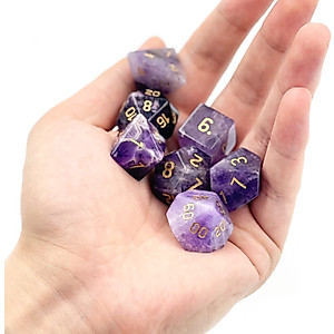 TAMYUN 7 Pieces DND Dice Set Amethyst Natural Gemstone Dice D4 D6 D8 D10 D00 D12 D20 and Dice Bag RPG Polyhedral Dungeons and Dragons Dice Toys