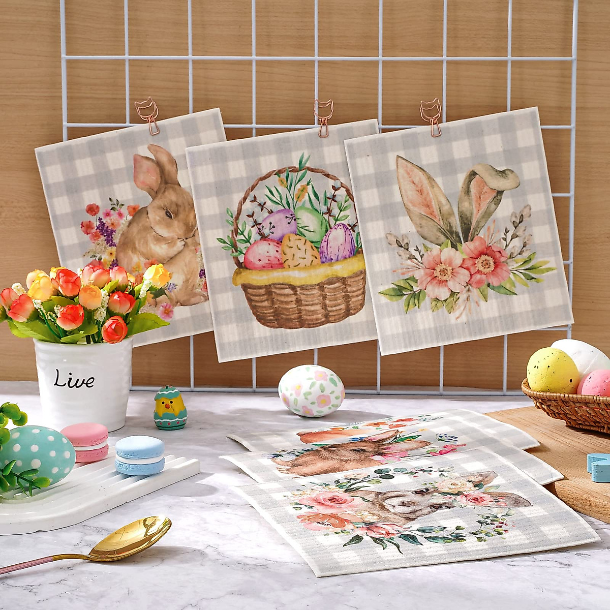 AnyDesign Easter Swedish Kitchen Dishcloth Set of 6 Watercolor Easter Egg Rabbit Bunny Floral Cotton Kitchen Towel Gray White Buffalo Plaids Dish Towel for Housewarming Cleaning Wipes, 7 x 8 in