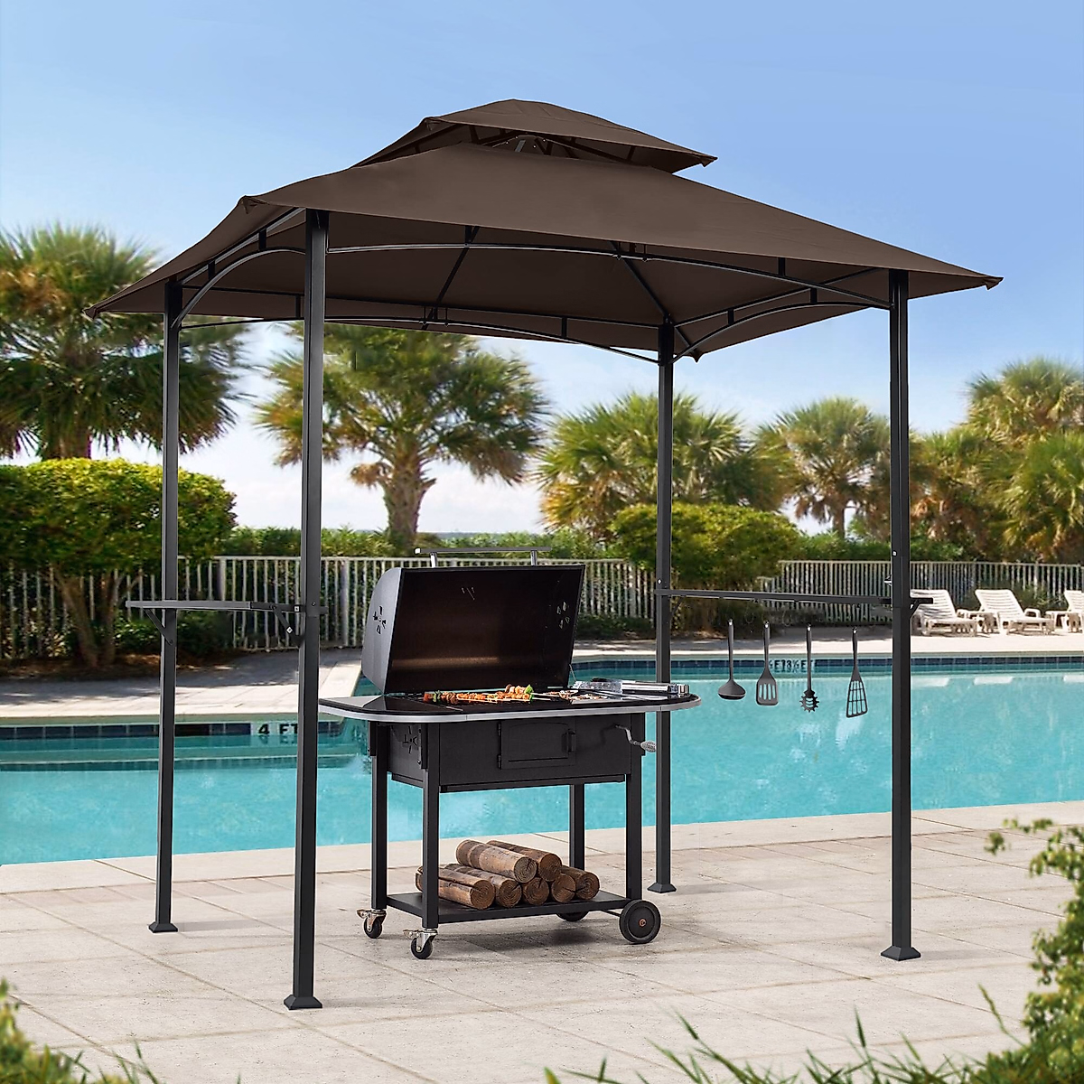 BeiXuan Outdoor BBQ Gazebo 8 x 5 Ft, Grill Gazebo Shelter Tent, Double Tier Soft Top Canopy and Steel Frame with Hook and Bar Counters, Brown