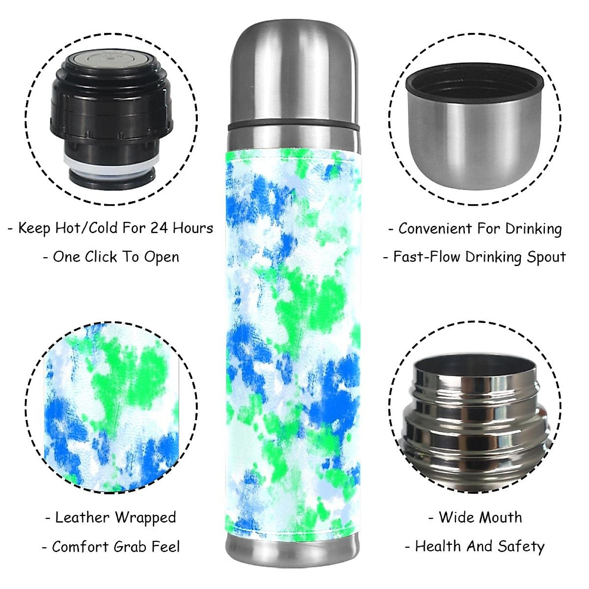 Stainless Steel Leather Vacuum Insulated Mug Abstract Thermos Water Bottle for Hot and Cold Drinks Kids Adults 16 Oz