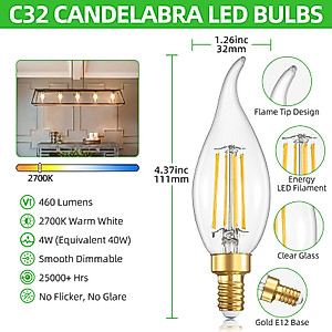 weddeg E12 LED Candelabra Bulbs 40 Watt Equivalent, Dimmable 2700K Warm White LED Candle Light Bulbs, 460LM 4W Flame Tip CA10 Chandelier Light Bulbs, 90+CRI, 12-Pack