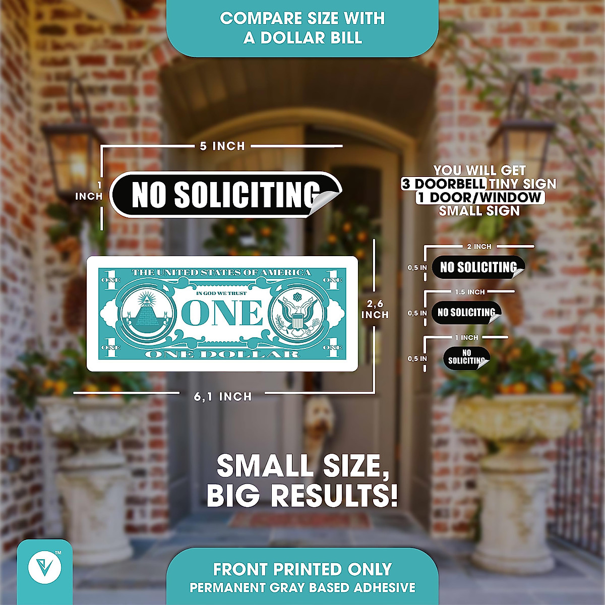 Small No Soliciting Sign for House, 4 Small Sizes Compatible with Most Video Doorbells, Weatherproof Matte Stickers, Made in USA (Home Kit - Black)